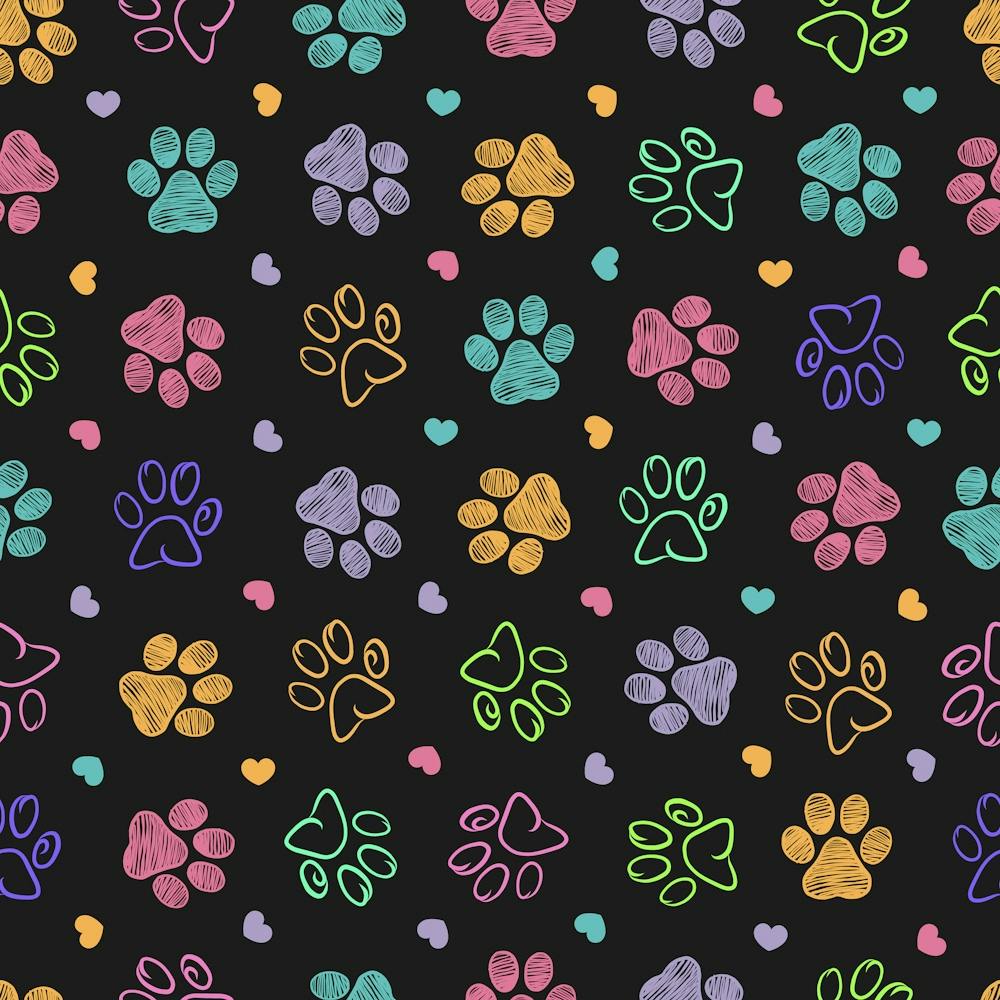 Colorful Doodle Paw Print Seamless Fabric Design Black Background ...