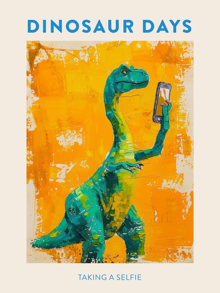Taking A Selfie Orange Blue Dinosaur Poster Art Print by Dino Delights ...