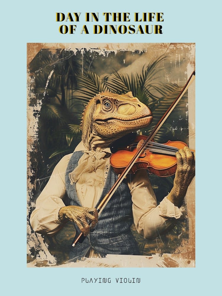 Dinosaur Playing Violin Retro Collage 2 Poster Art Print by Dino ...
