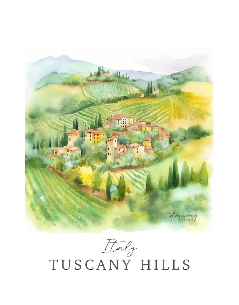 Italy Tuscany Hills Storybook 8 Travel Poster Watercolour Art Print by Fusion Designs – Fy!