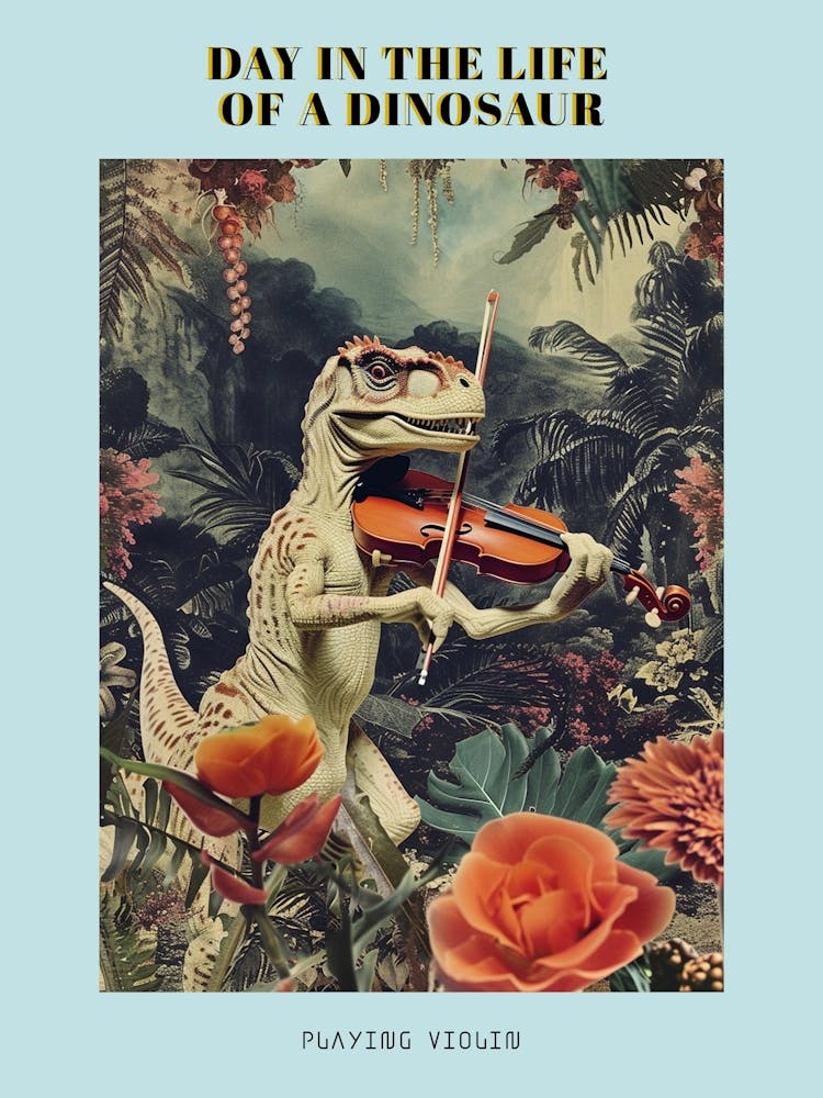 Dinosaur Playing Violin Retro Collage 1 Poster Art Print by Dino ...