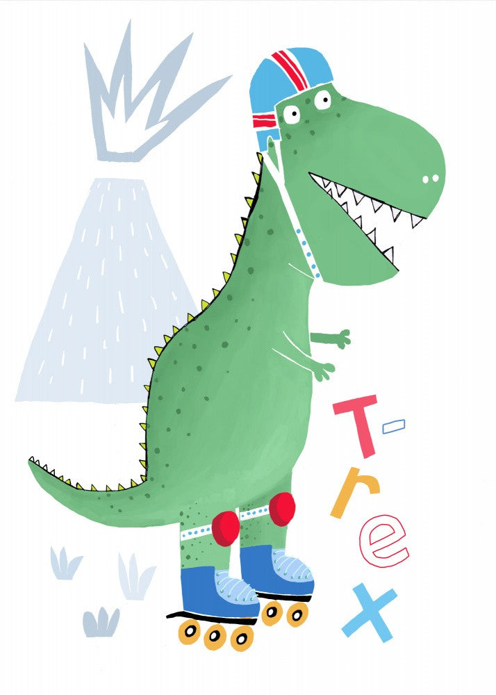 Funny T-Rex on Rollerblades with Volcano by Artist Carla Daly Art Print ...