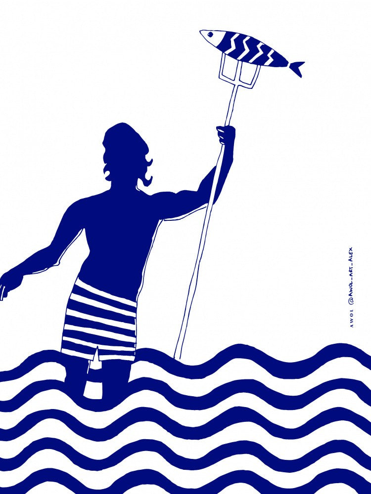 Modern Greek God Poseidon, Nautical Beach Art Print With Man Fishing In ...