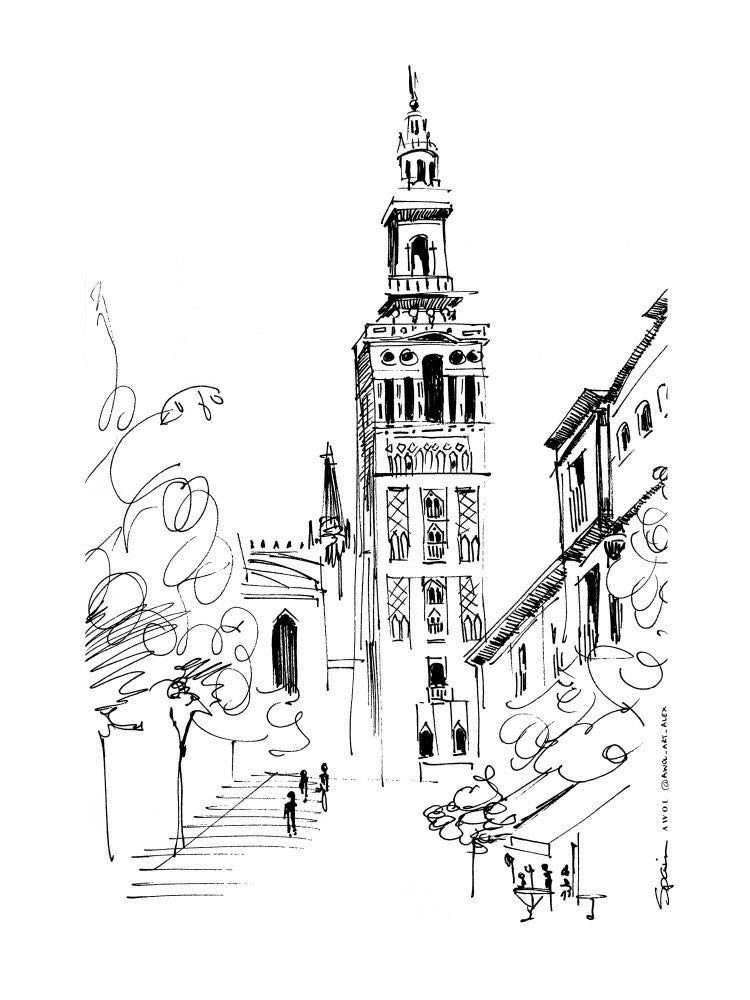 Spain City Drawing Black and White Urban Sketch, Andalucia Art Print by ...