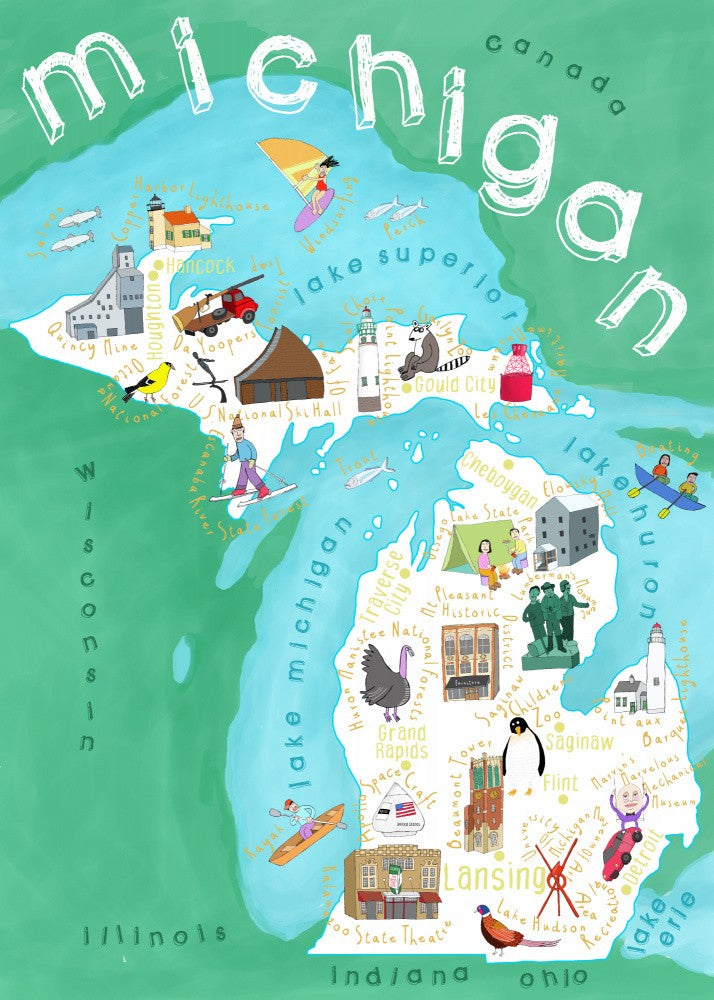 Illustrated Map of Michigan, USA by Artist Carla Daly Art Print by ...