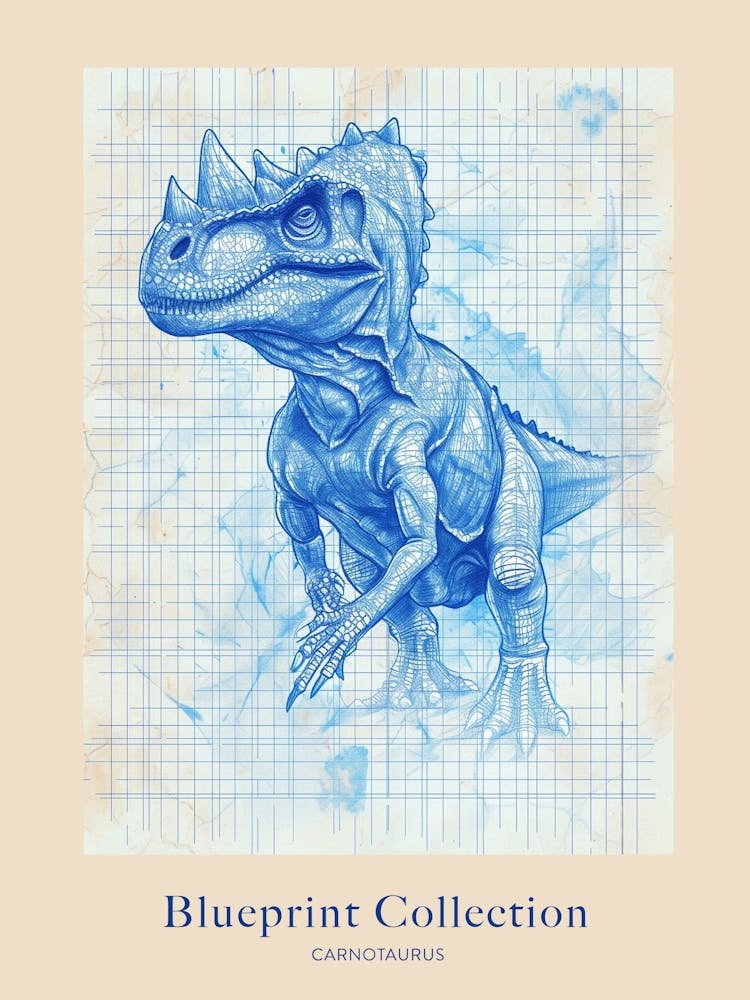 Carnotaurus Dinosaur Blue Print Sketch 1 Poster Art Print by Dino ...