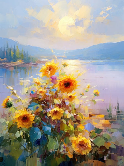 Sunflowers By The Lake 1 Art Print by Moving Clouds Art – Fy!
