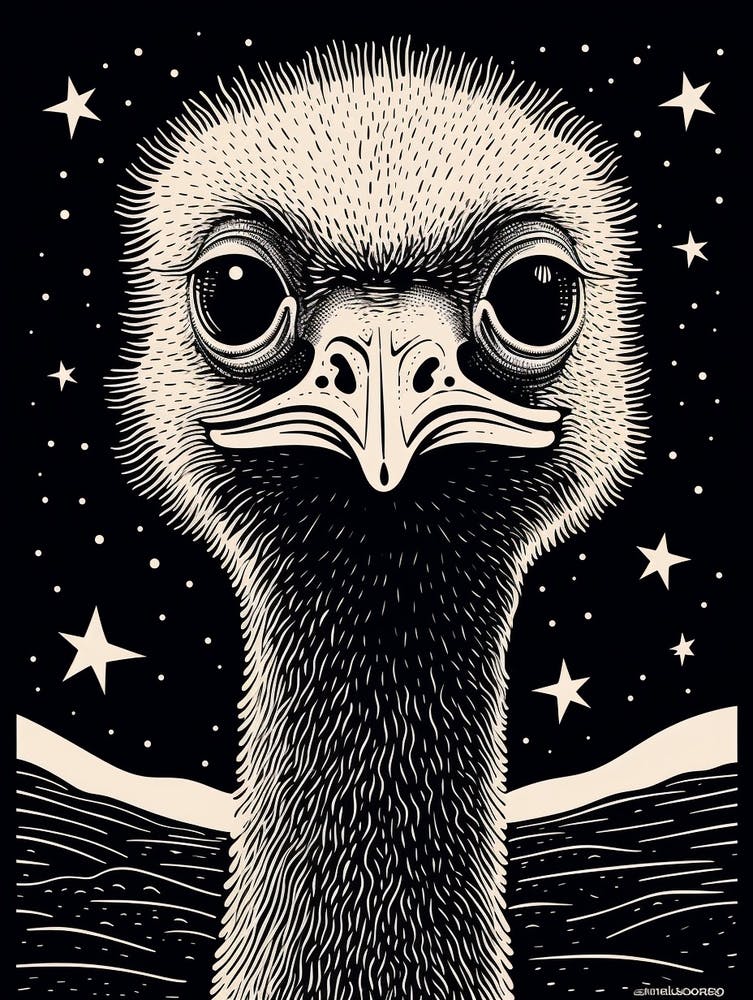 B&W Bird Linocut Ostrich 3 Art Print by Feathered Muse – Fy!