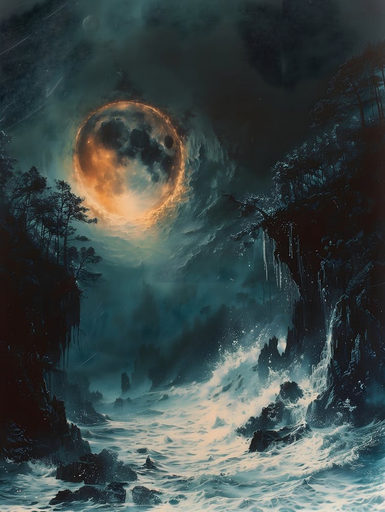 Full Moon Over The Ocean Bichromatic, Surrealism, Impressionism Art ...