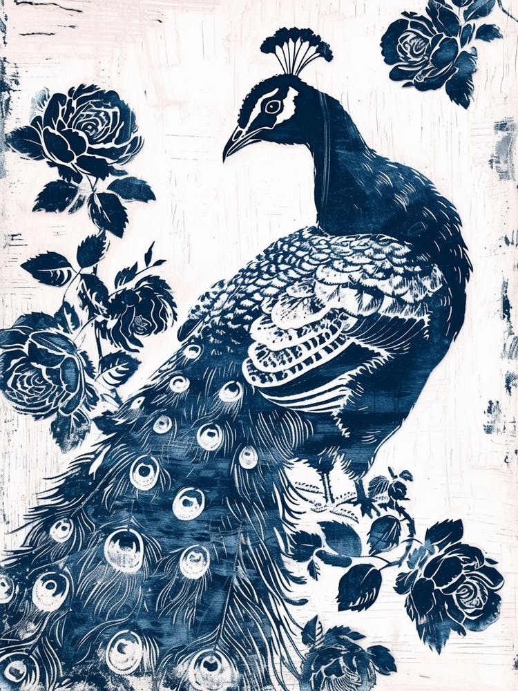 Navy Linocut Inspired Peacock With The Roses 3 Art Print by Featherline ...