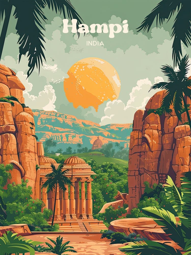 Hampi India Vintage Art Illustration Art Print by Wanderscape Travel ...