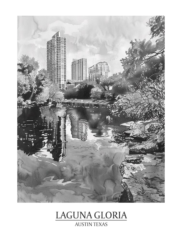 Laguna Gloria Austin Texas Black And White Drawing 2 Poster Art Print ...