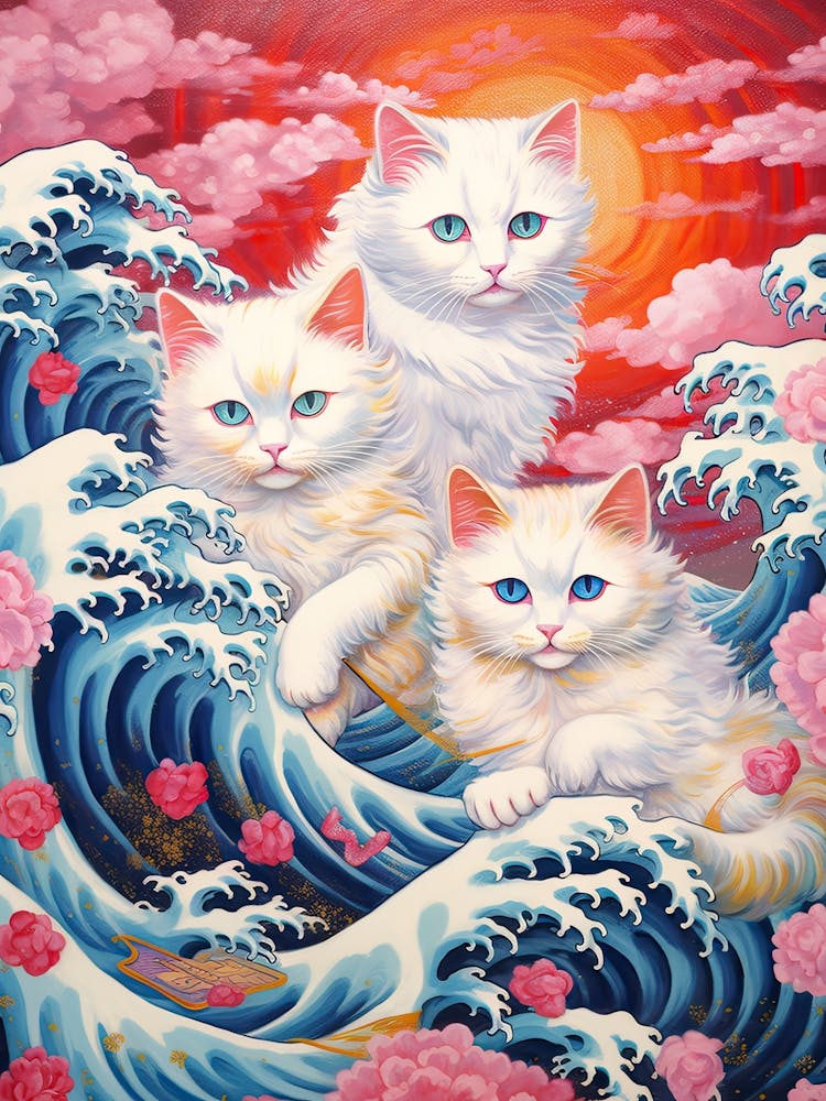 The Great Wave Off Kanagawa White Cats Kitsch Art Print by Mambo – Fy!