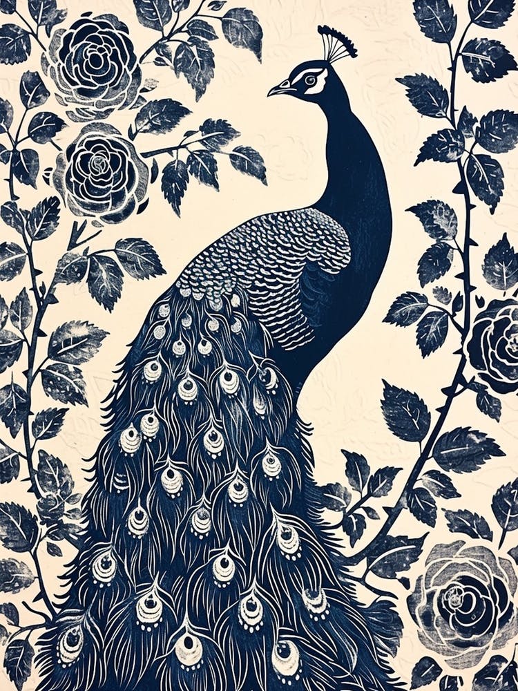 Navy Linocut Inspired Peacock With The Roses 1 Art Print by Featherline ...