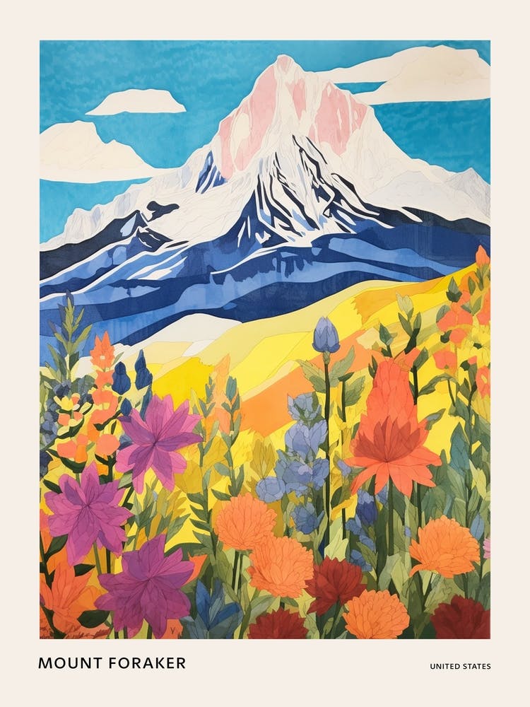 Mount Foraker United States 1 Colourful Mountain Illustration Poster ...