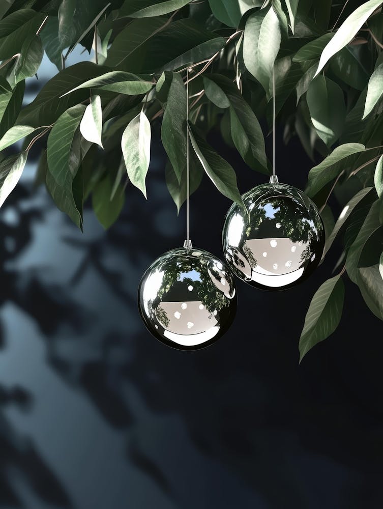 Two Silver Balls Hanging From A Tree Art Print by Moving Clouds Art – Fy!