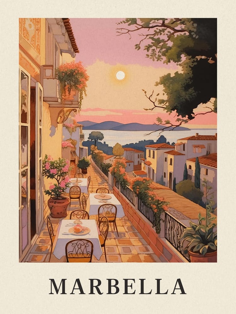 Marbella Spain 5 Vintage Pink Travel Illustration Poster Art Print by ...
