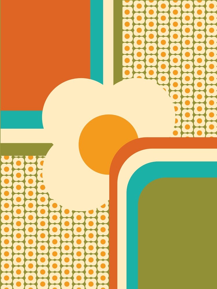 Retro 70s Geometric Floral, Green, Teal, Orange Art Print by ...