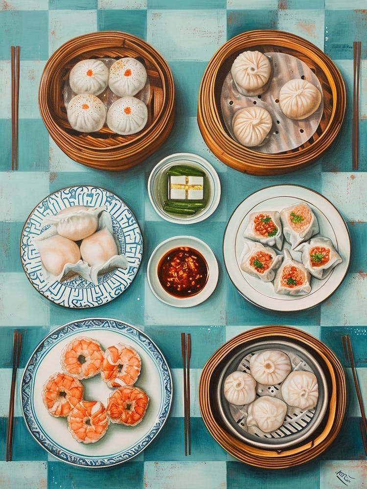 Dim Sum Selection Blue Checkered 1 Art Print by Artful Appetite – Fy!