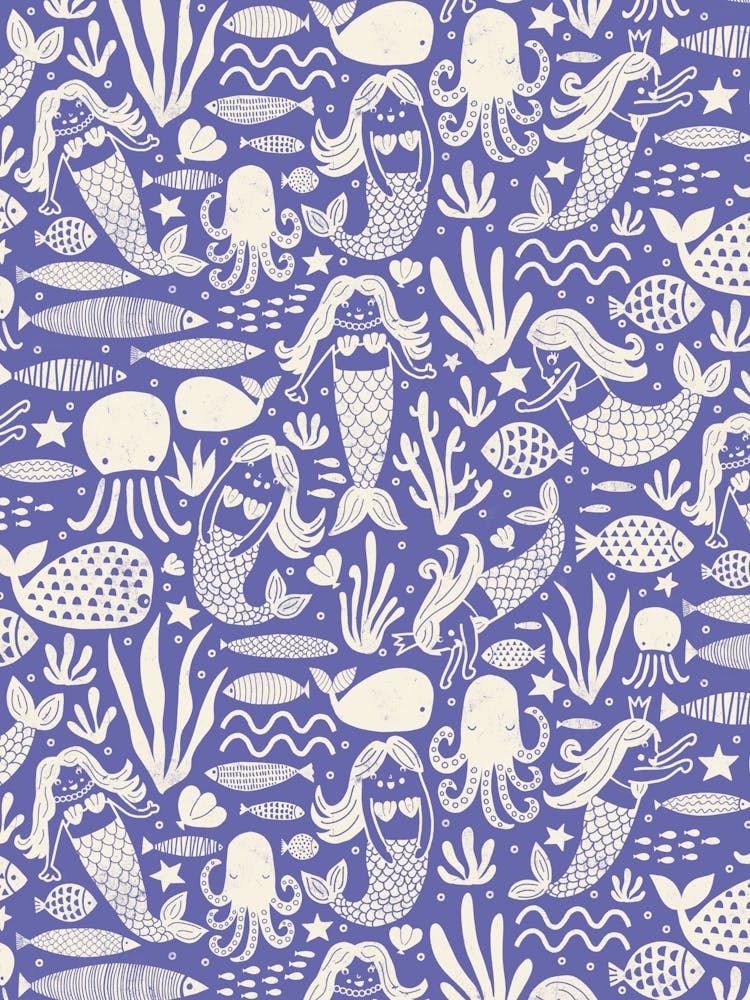 Underwater Mermaids and Sea Life Block Print White on Periwinkle Purple ...