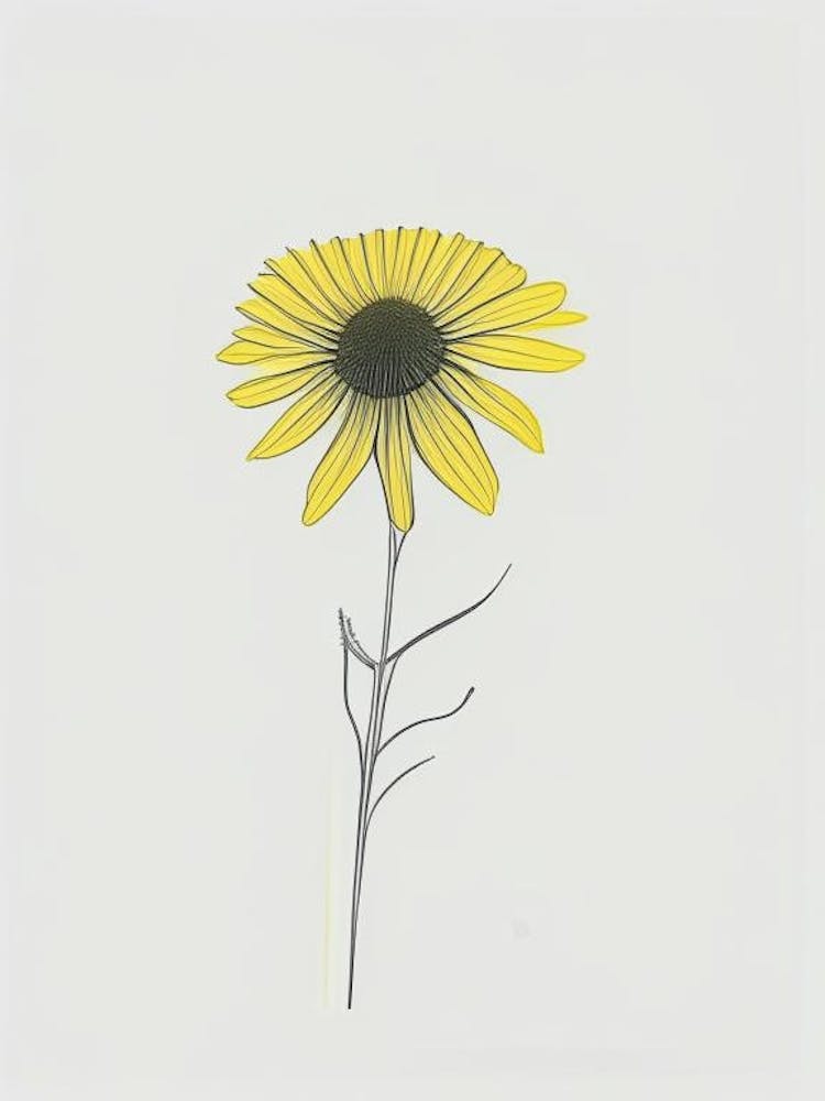 Yellow Coneflower Floral Minimal Line Drawing 1 Flower Art Print by The ...