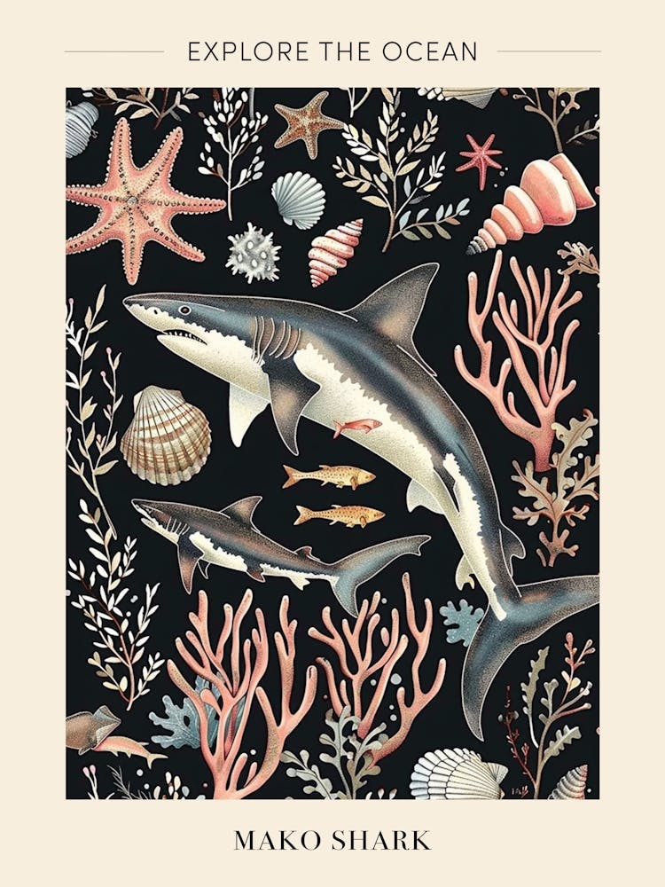 Mako Shark Seascape Black Background Illustration 1 Poster Art Print by ...