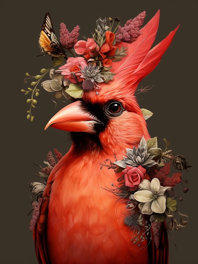 Bird With A Flower Crown Northern Cardinal 1 Art Print by Feathered ...