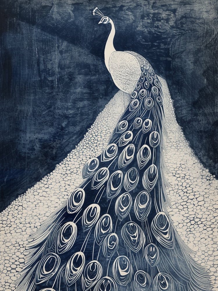 Navy Blue Peacock Linocut Inspired Peacock On A Path 3 Art Print by ...