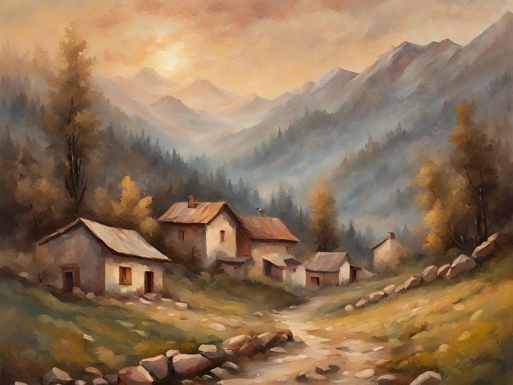 Village In The Mountains oil painting style landscape format Art Print ...