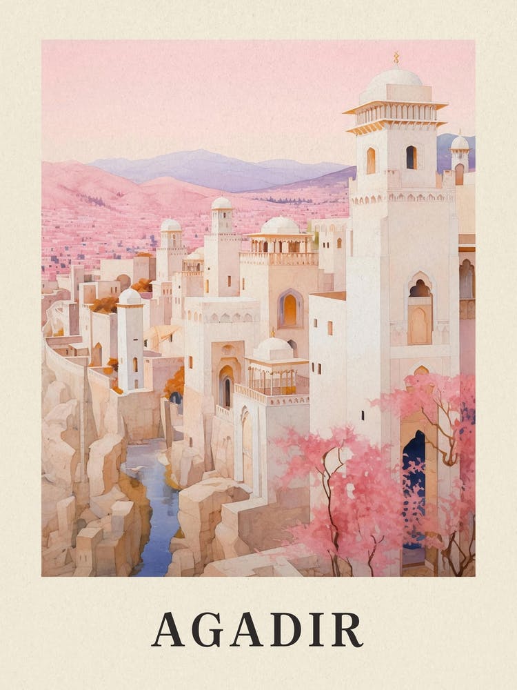 Agadir Morocco 2 Vintage Pink Travel Illustration Poster Art Print by ...