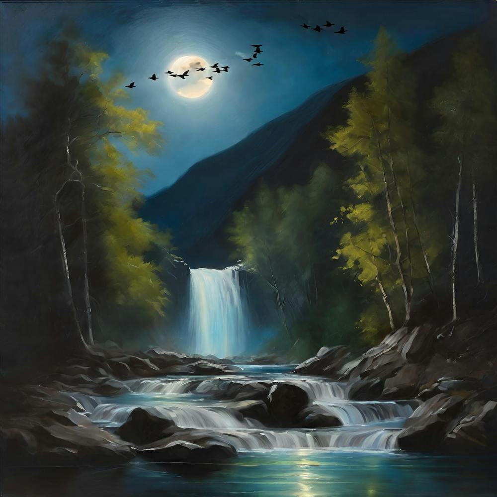 Moonlight Over Waterfall oil style Art Print by Febo-AI – Fy!