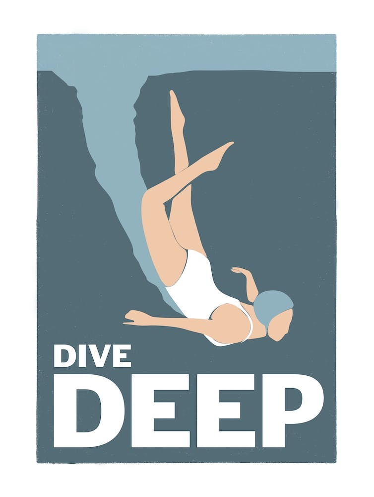 Dive deep - art deco style diving swim poster Art Print by Fy!