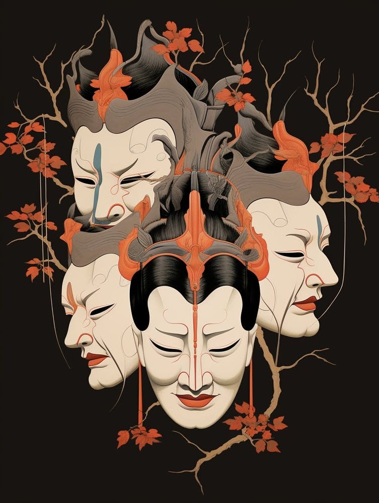 Noh Masks Japanese Style Illustration 18 Art Print by PixelPerfect – Fy!