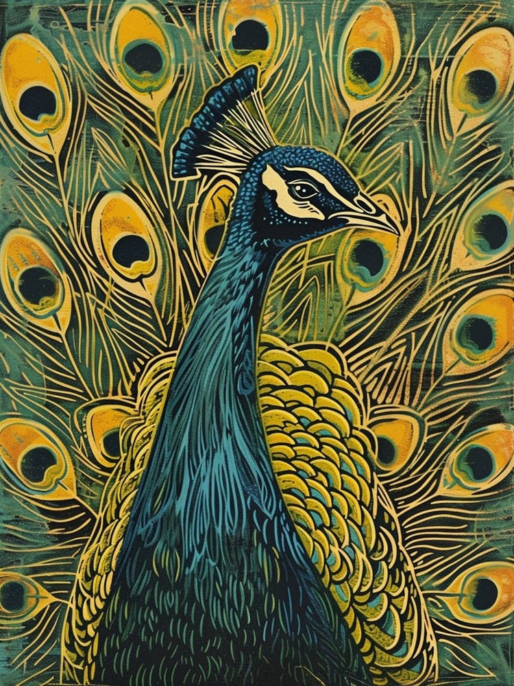 Blue Mustard Linocut Inspired Peacock Feather 3 Art Print by ...