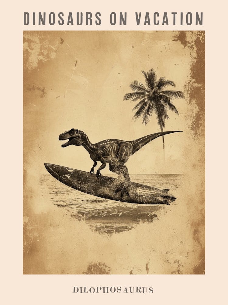 Vintage Dilophosaurus Dinosaur On A Surf Board 3 Poster Art Print by ...