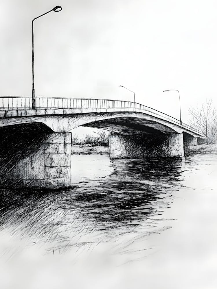 Charcoal Pencil Drawing Bridge Over The River Art Print by BestArt – Fy!