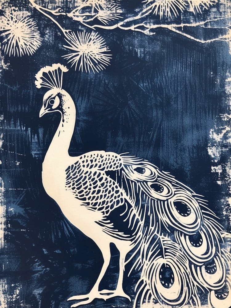 Navy & Cream Linocut Inspired Peacock In The Plants 5 Art Print by ...
