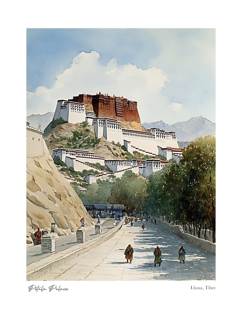 Potala Palace, Tibet 1 Watercolour Travel Poster Art Print by Fusion ...