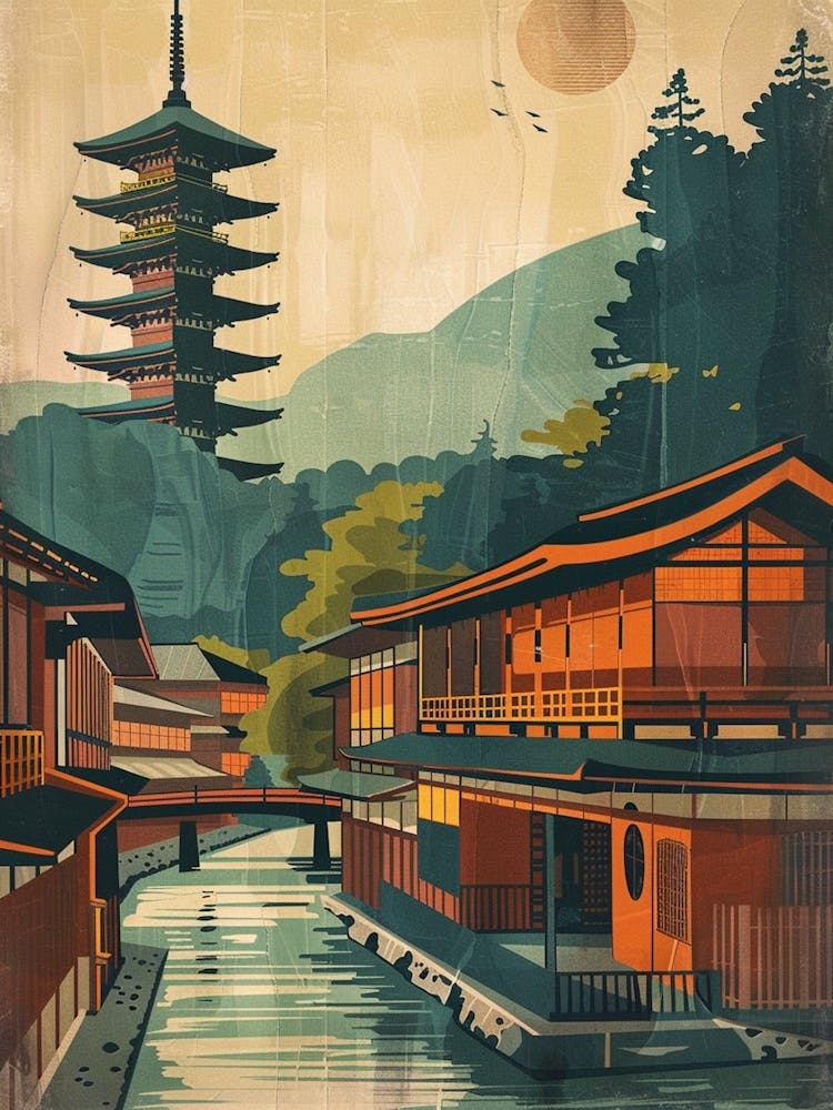 Gion District Japan Mid Century Modern Art Print by Japan Journey – Fy!