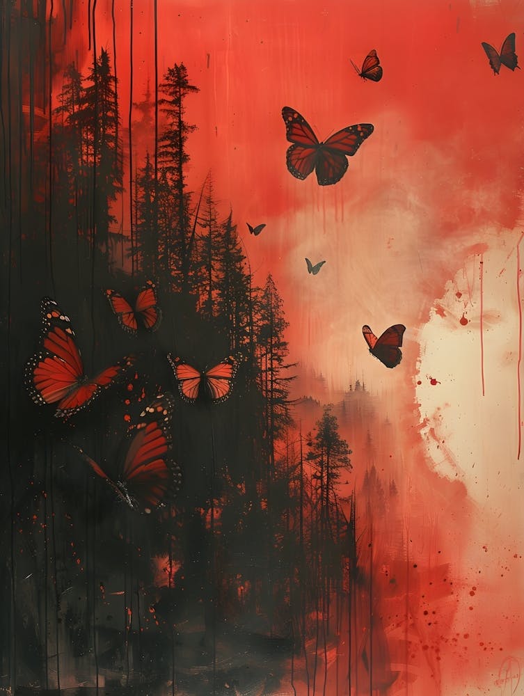 Butterflies In The Forest, Bichromatic, Surrealism, Impressionism Art ...