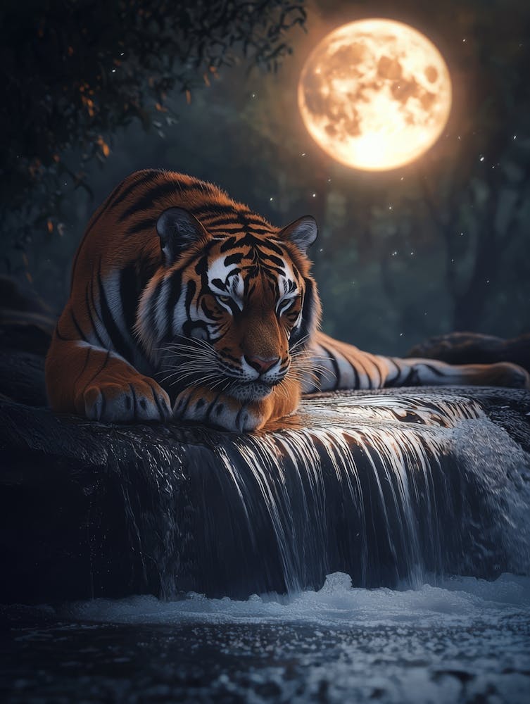 Tiger In The Moonlight. Generated AI. Art Print by Domanin_photo – Fy!