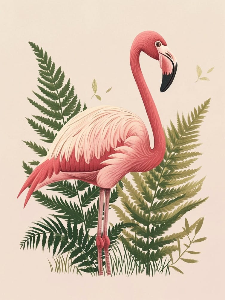 Lesser Flamingo And Ferns Minimalist Illustration 3 Art Print by ...