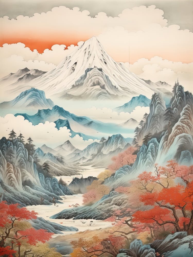 The Japanese Alps In Multiple Prefectures, Ukiyo E Drawing 1 Art Print ...