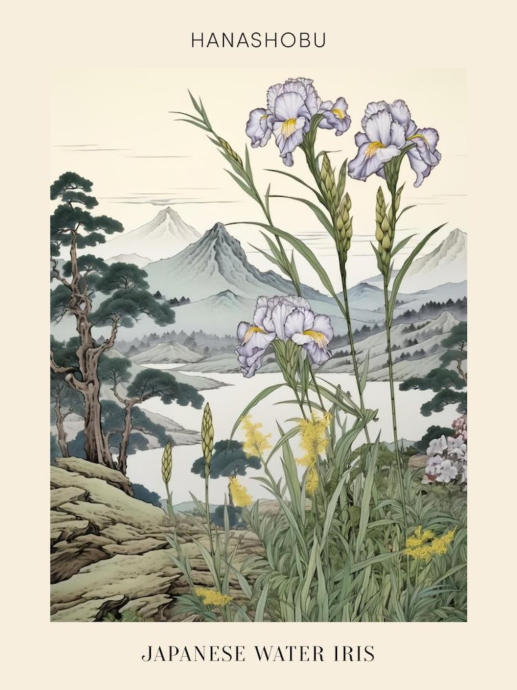 Hanashobu Japanese Water Iris 2 Japanese Botanical Illustration Poster ...