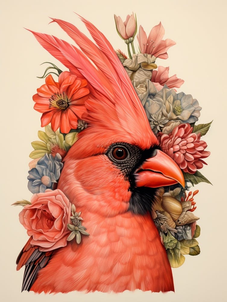 Bird With A Flower Crown Northern Cardinal 2 Art Print by Feathered ...