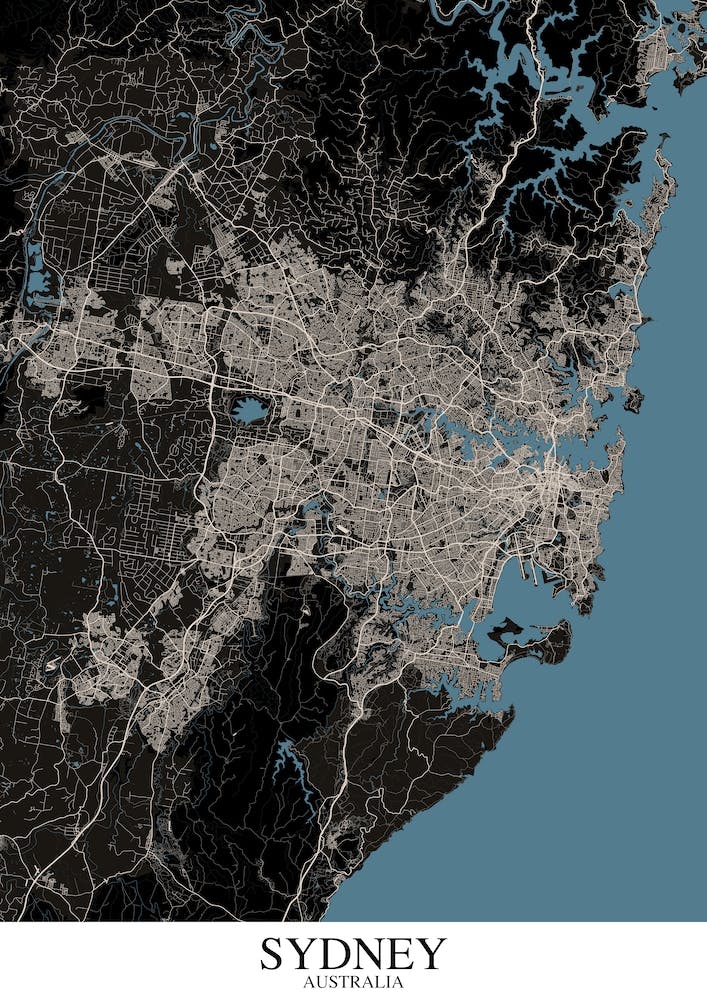 Sydney Black Blue Map Art Print by Mapply – Fy!