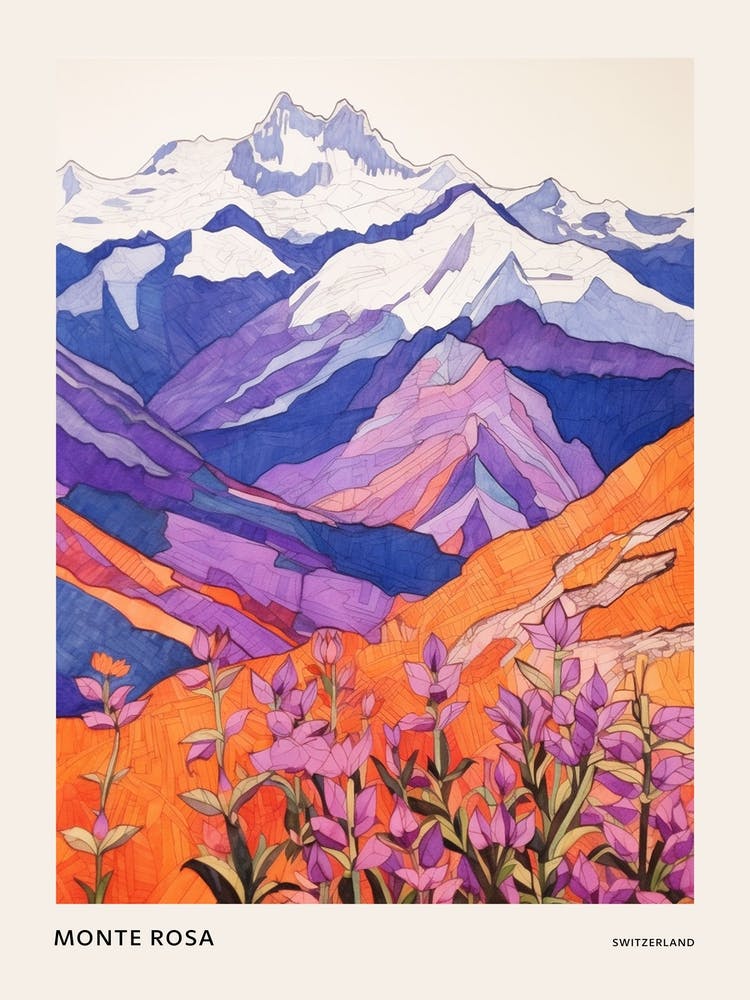 Monte Rosa Switzerland 2 Colourful Mountain Illustration Poster Art ...
