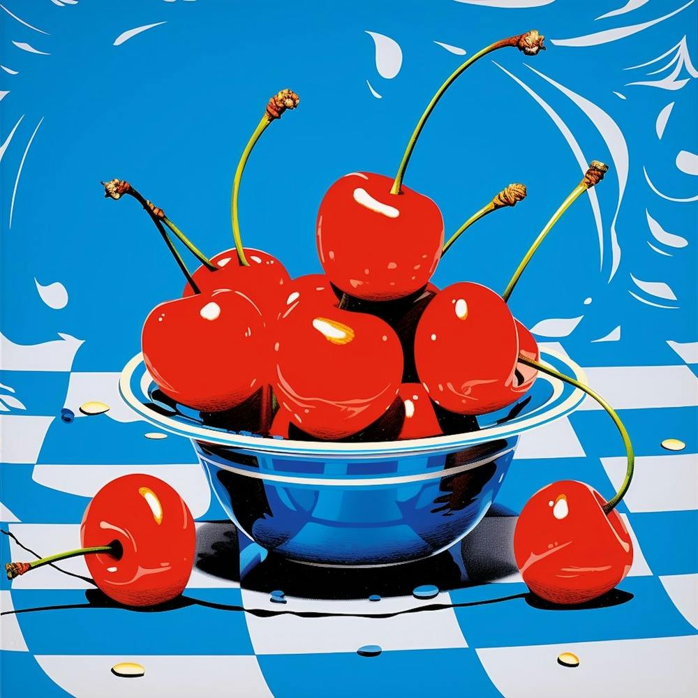 Cherries Pop Art Blue Checkerboard 1 Art Print by PopArt Pals – Fy!