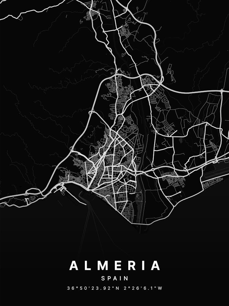 Almeria Spain Black Map Art Print by The Map Merchant – Fy!