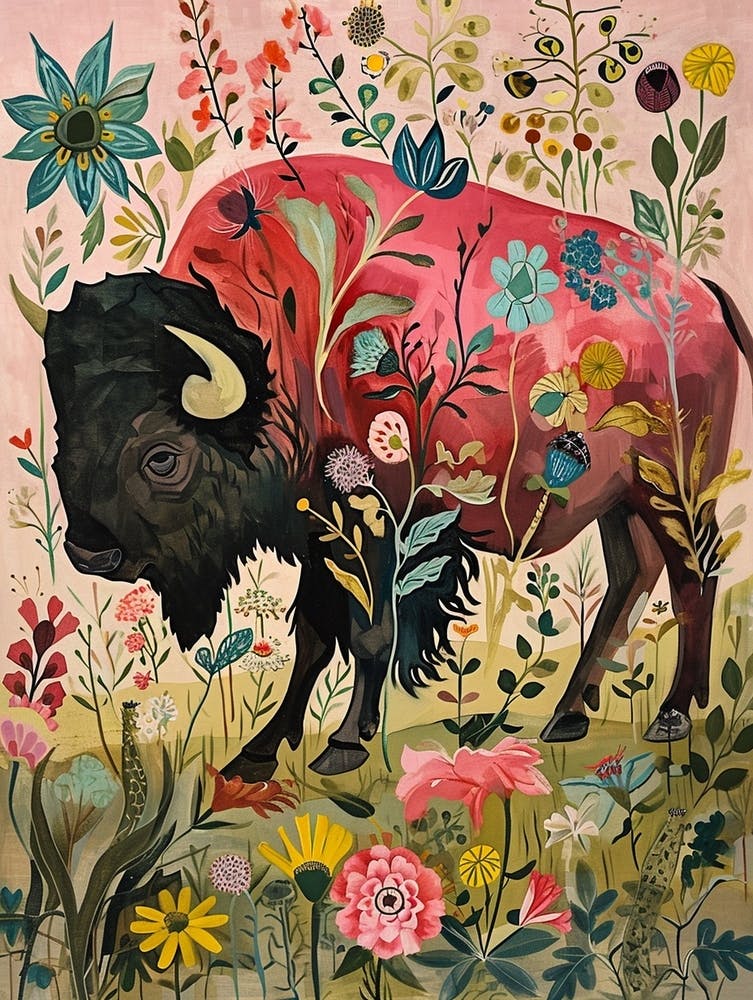 Floral Animal Painting Bison 2 Art Print by Ritual Art Prints – Fy!